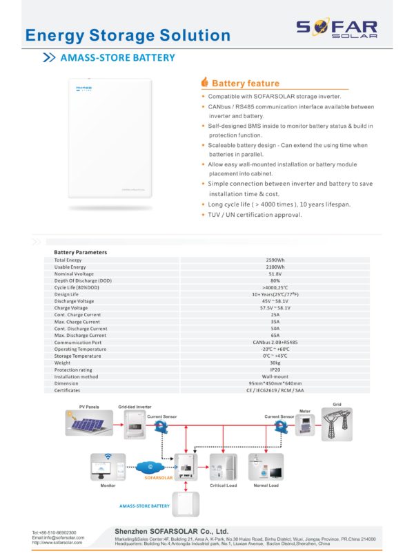 SoFar Amass Store Battery 2.59kWh - Solar and Heat Store